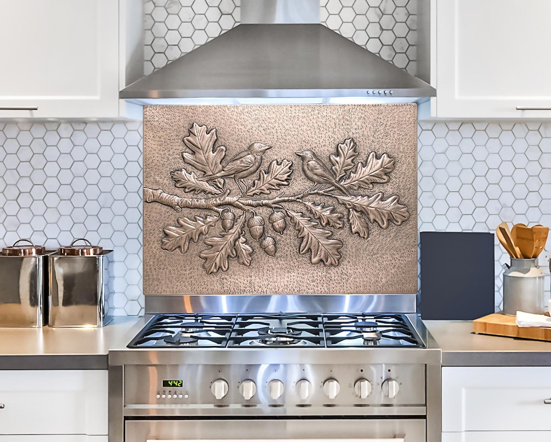 Hammered Copper Backsplash Oak Tree & Birds Design Handmade Metal Wall ...