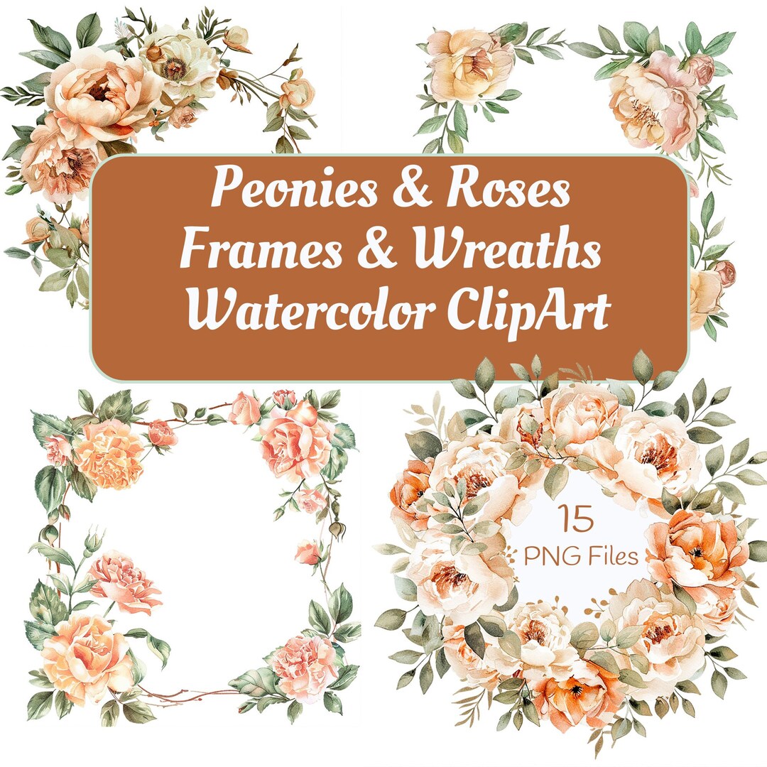 Wreaths & Frames in Peonies and Roses-- Clipart | Commercial Use Floral ...