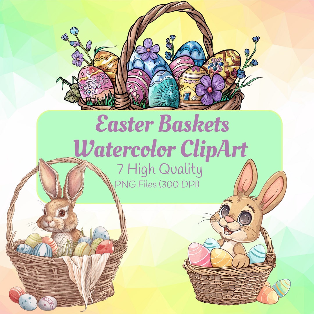 Easter Baskets Watercolor Clipart | Easter Bunnies PNG | Bunny Clipart ...