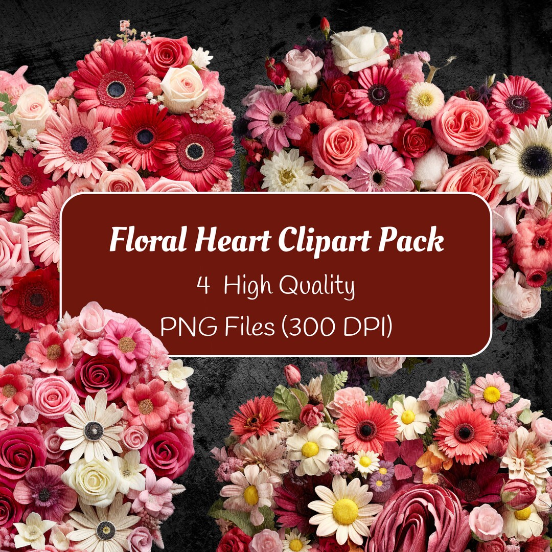 Floral Hearts Png | Watercolor Floral Heart Clipart Bundle | Valentines ...