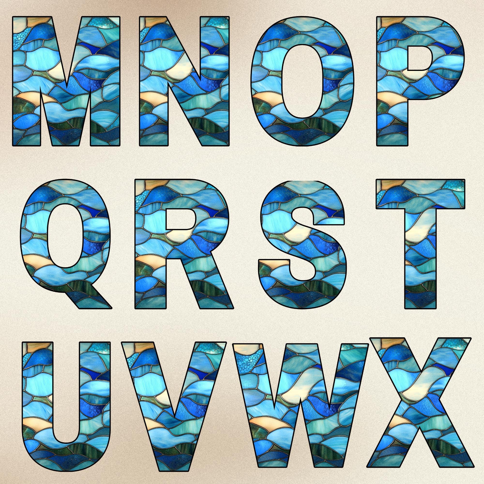Stained Glass Alphabet Clipart, Beach Blue Decorative Letters and ...