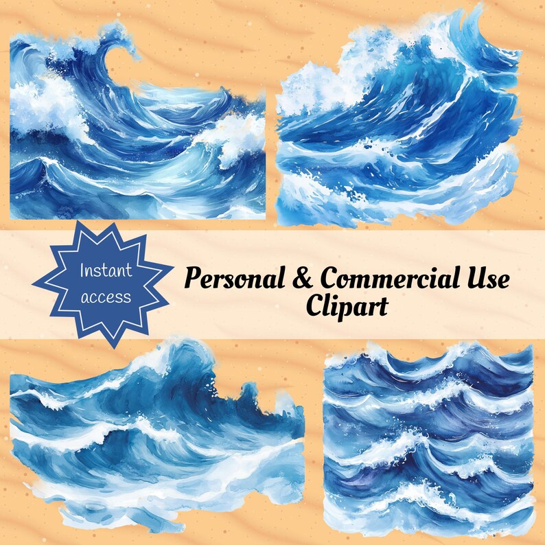 Watercolor Waves PNG, Beach Clipart, Ocean Wave Graphics, Digital ...