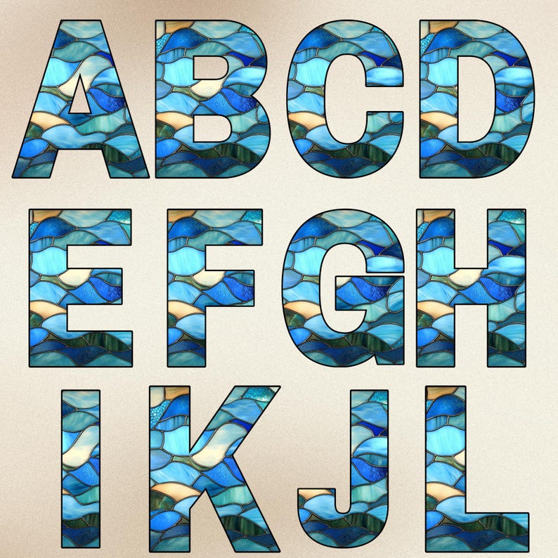 Stained Glass Alphabet Clipart, Beach Blue Decorative Letters and ...