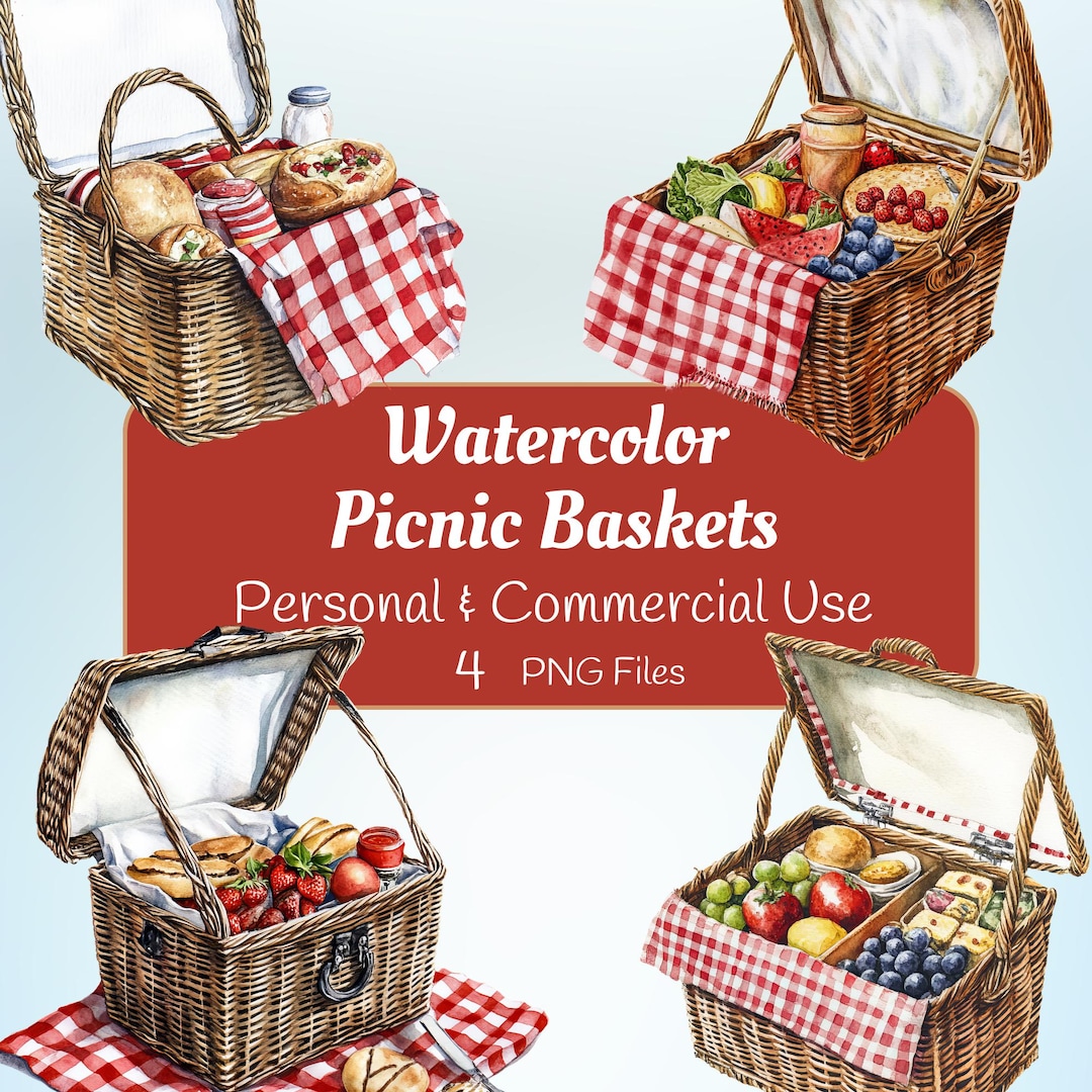 Watercolor Picnic Baskets PNG, Summer Basket PNG, Digital Download ...