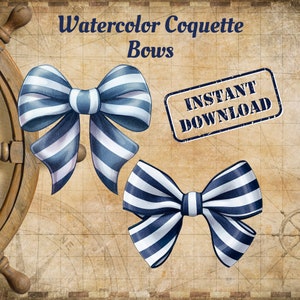 Nautical Inspired Watercolor Coquette Bow Clip Art | Blue and White ...