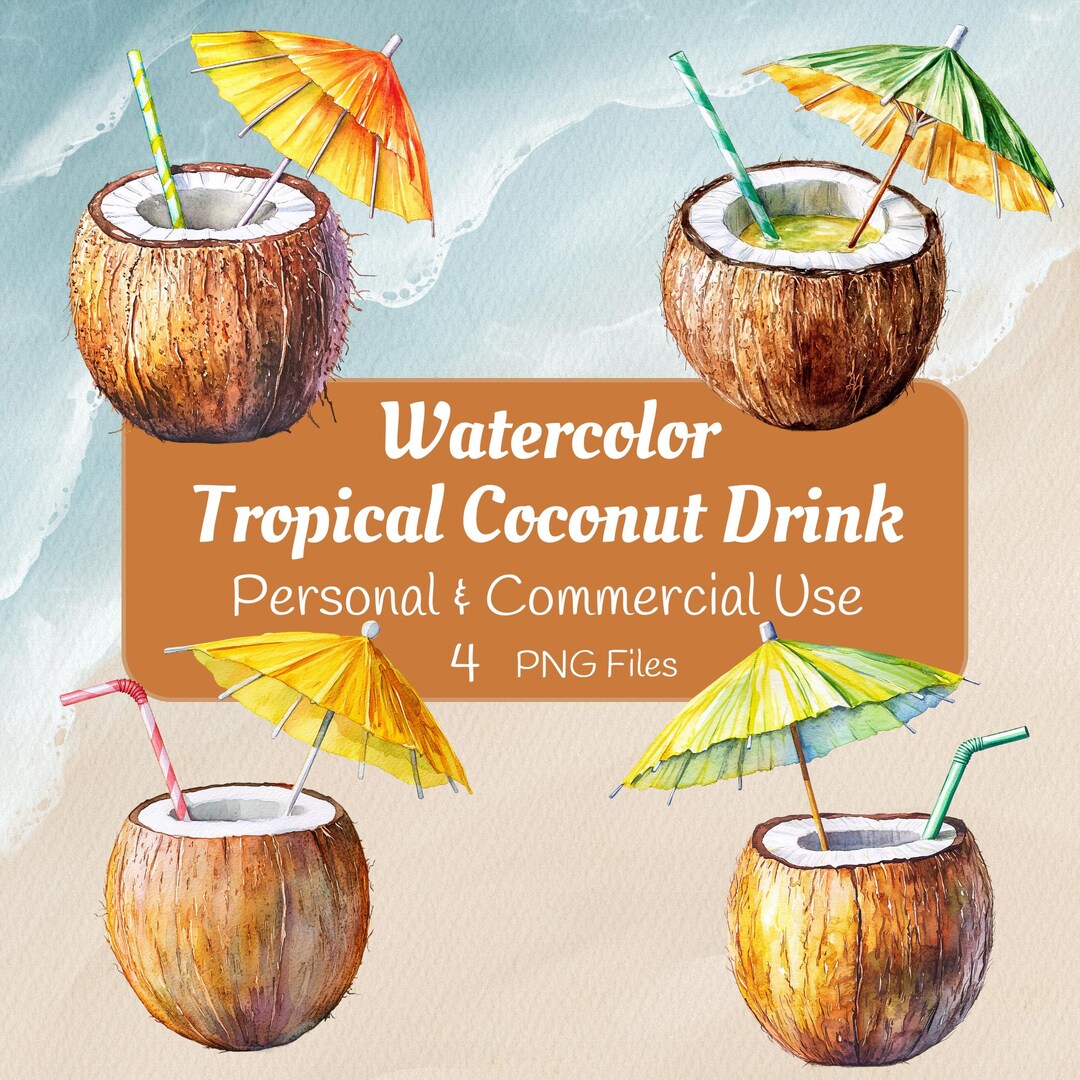 Tropical Coconut Drink Clipart Bundle | Watercolor Summer Coconut Pngs ...