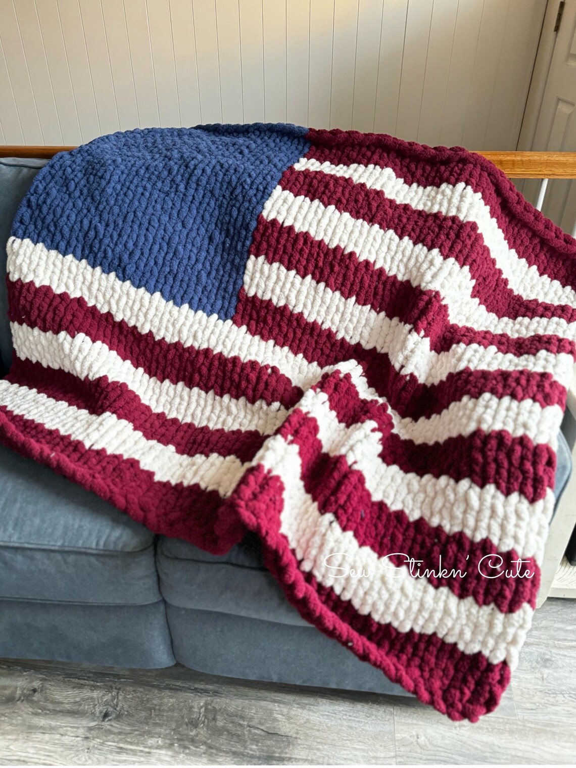 Chunky Knit American Flag Throw Blanket, Hand Knit Chenille US Flag ...