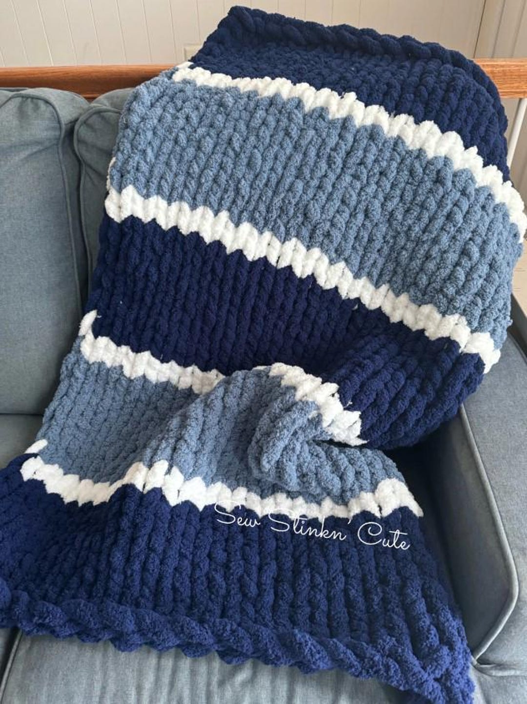 Blue on Blue Super Chunky Knit Blanket, Chenille Blanket, Chunky ...