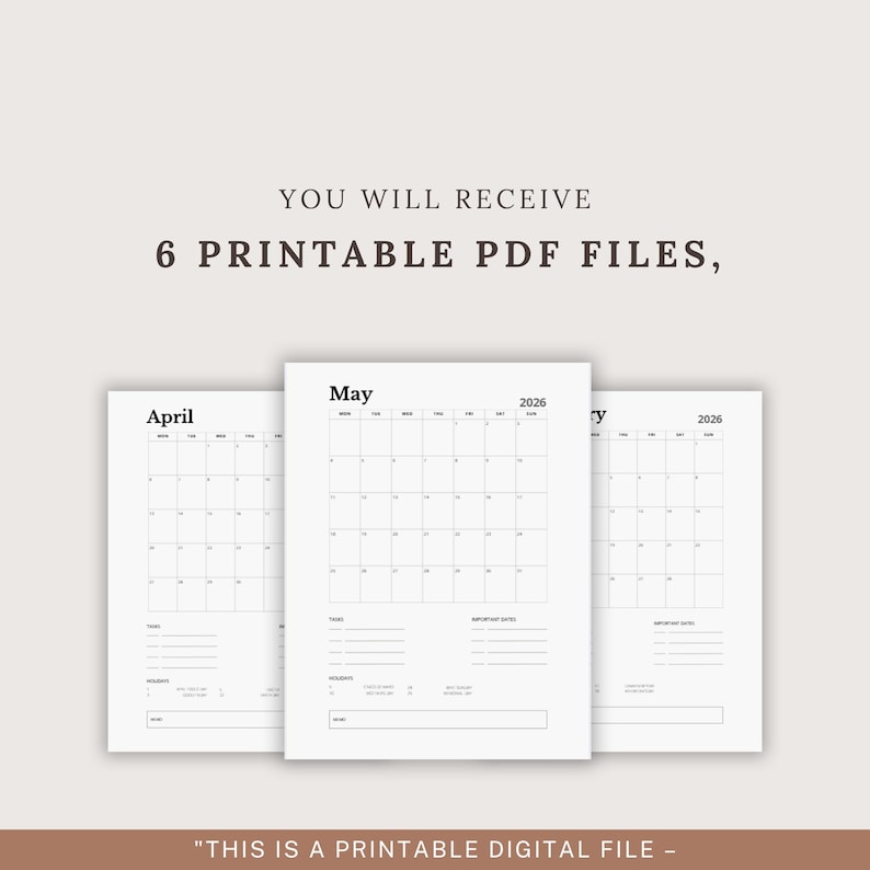 2026 Printable Monthly Calendar · 12-month Planner · 6 PDF Files ...