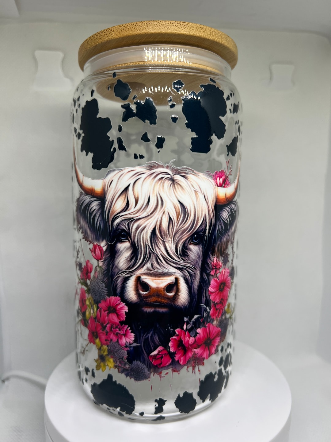 Highland Cow, Cup, Cold Coffee Cup, Cow Print, Pink, Flowers, Cold ...