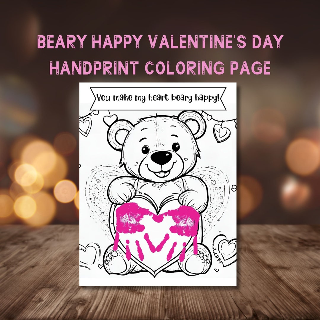 Happy Valentine's Day Handprint Art Coloring Page, Beary Happy, Bear ...