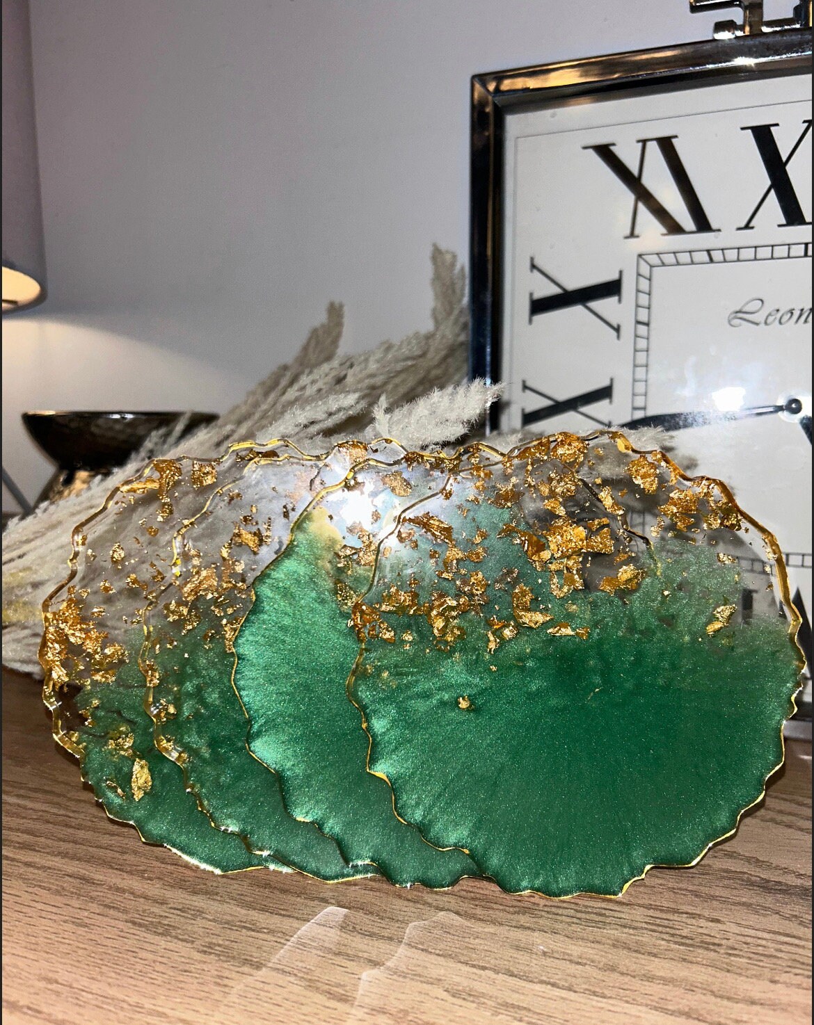 Emerald Green & Gold Coaster Agate Geode Epoxy Resin Trinket Dish Nail ...