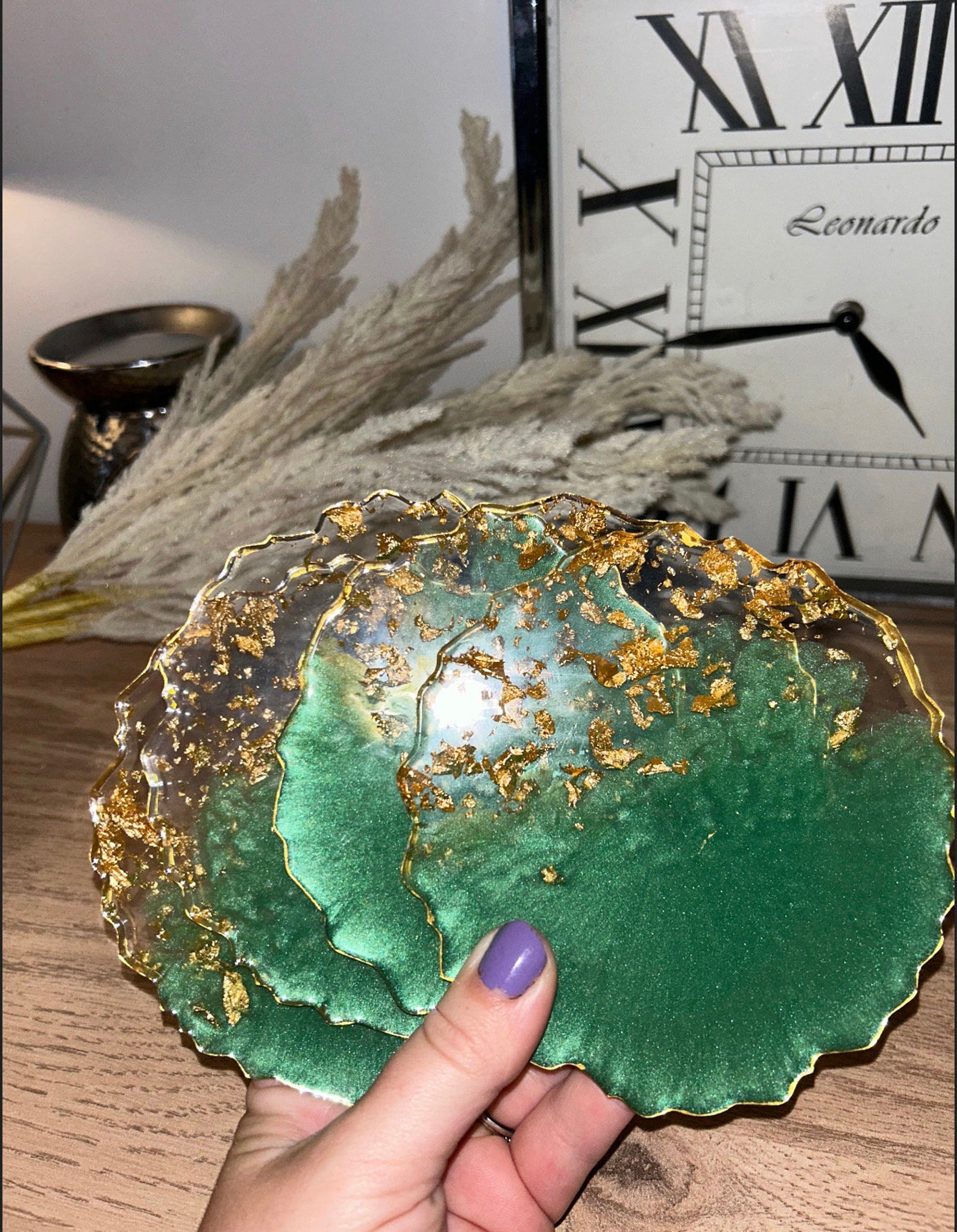 Emerald Green & Gold Coaster Agate Geode Epoxy Resin Trinket Dish Nail Art Ring Holder Valentine ...