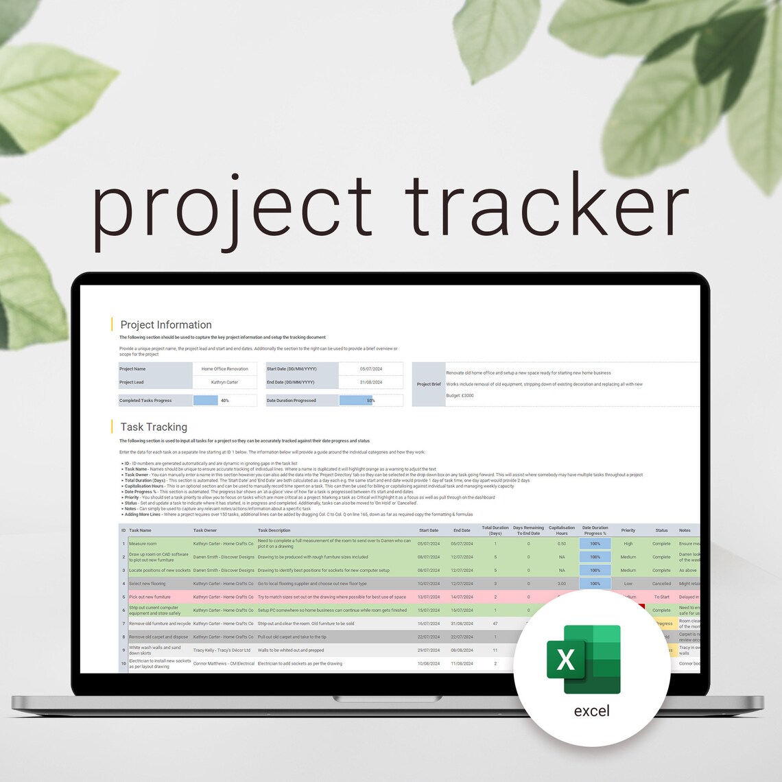 Project Tracker Excel Template Spreadsheet: Track by Task, Automated ...