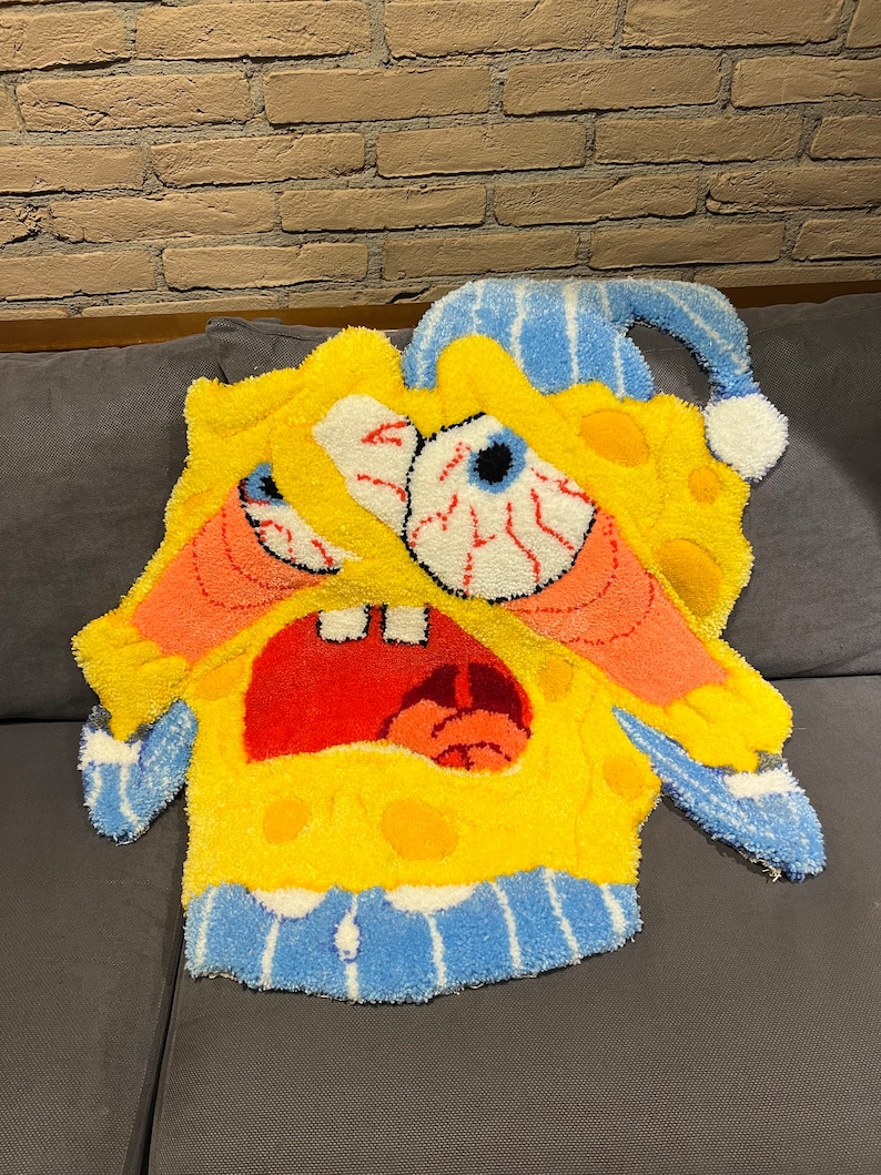 Sleepy Cartoon Character Funny Bedroom Tufted Rug, Cute Yellow Fluffy ...