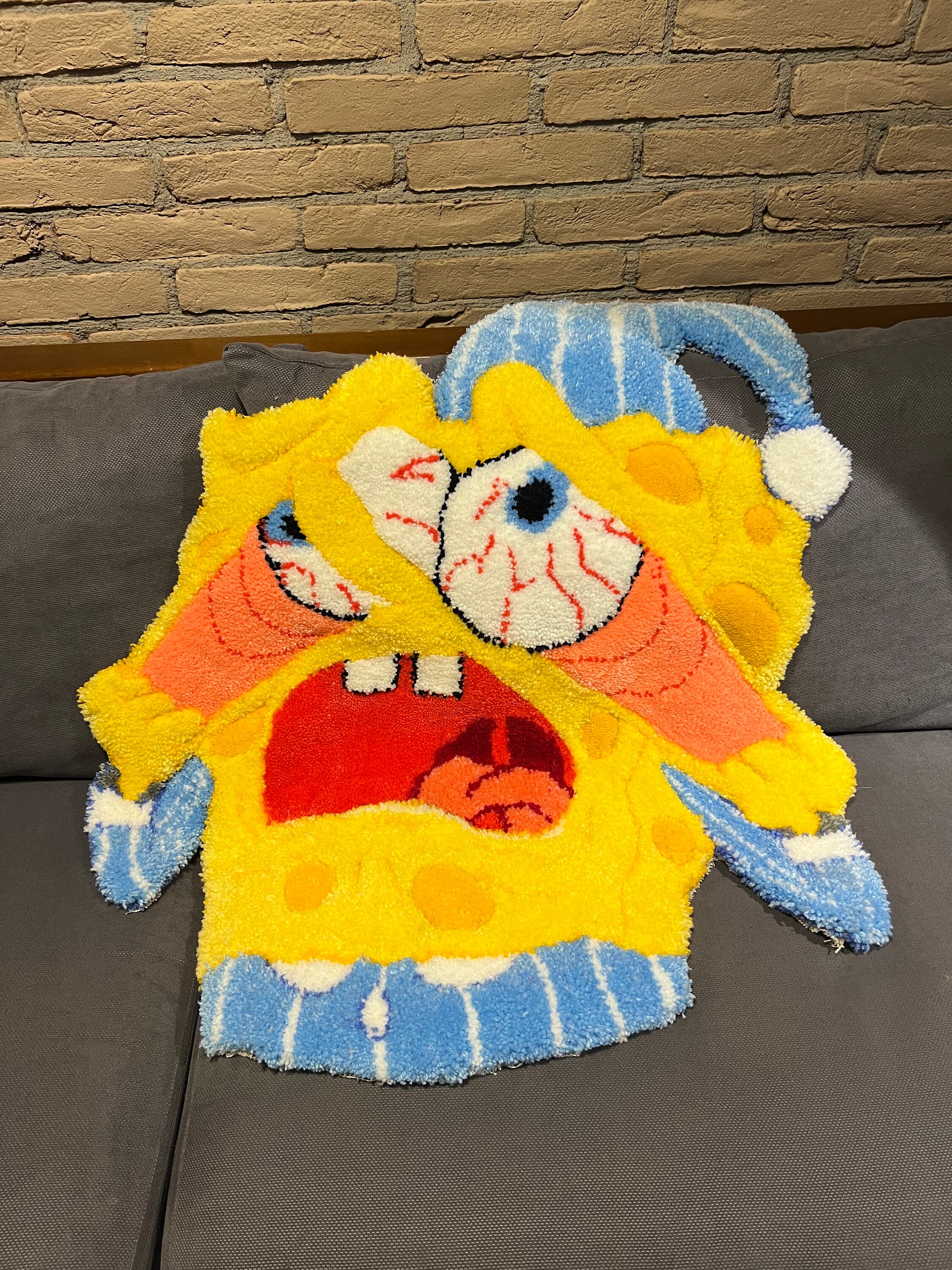 Sleepy Cartoon Character Funny Bedroom Tufted Rug, Cute Yellow Fluffy ...