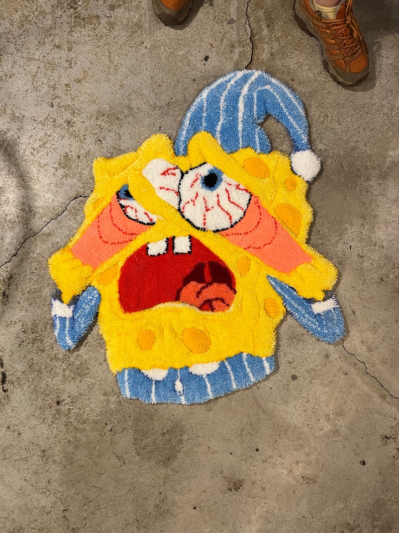 Sleepy Cartoon Character Funny Bedroom Tufted Rug, Cute Yellow Fluffy ...