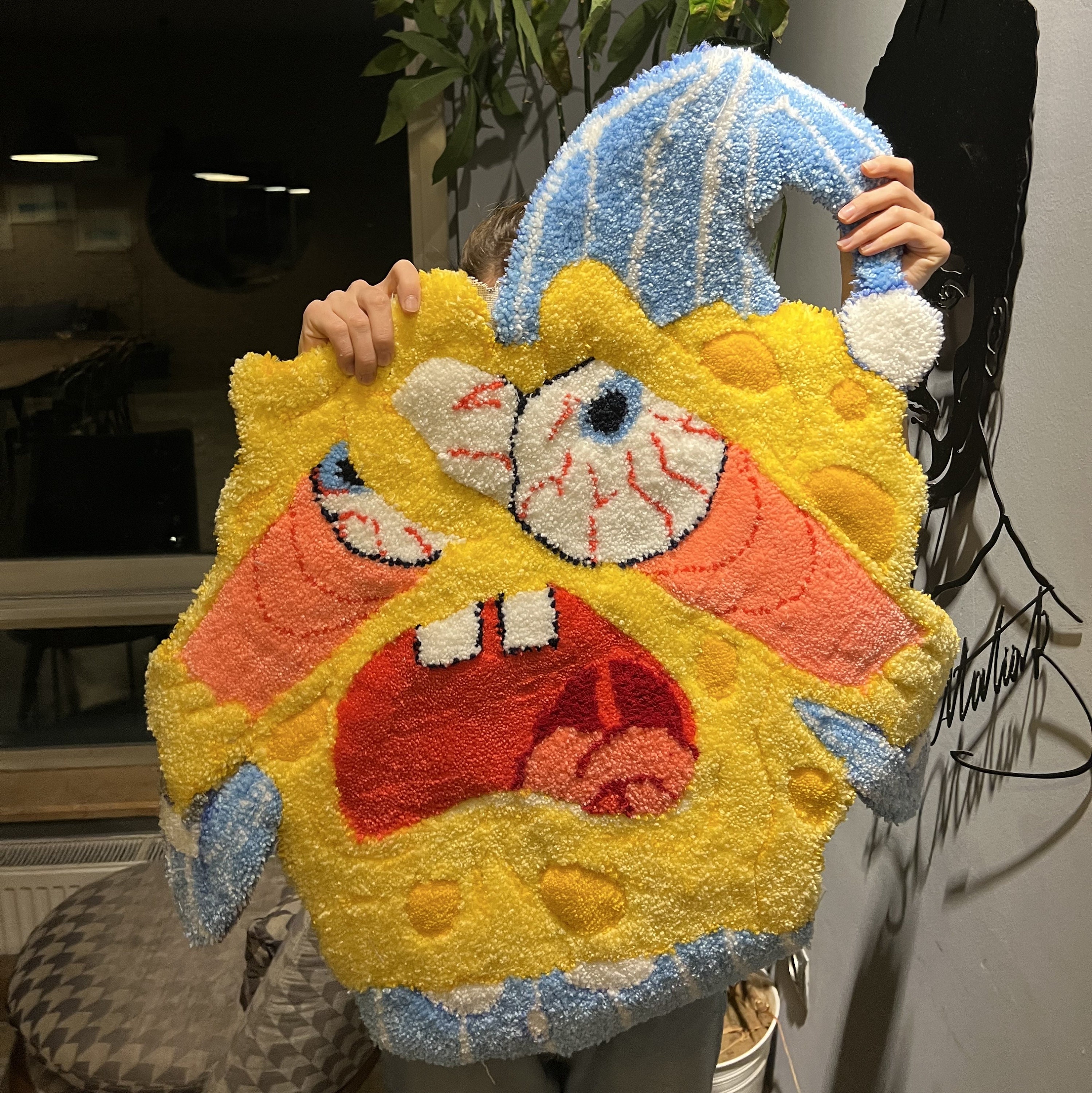 Sleepy Cartoon Character Funny Bedroom Tufted Rug, Cute Yellow Fluffy ...