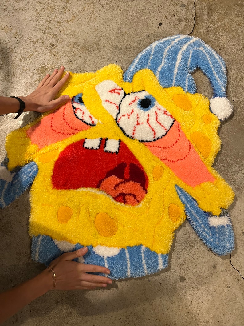 Sleepy Cartoon Character Funny Bedroom Tufted Rug, Cute Yellow Fluffy ...