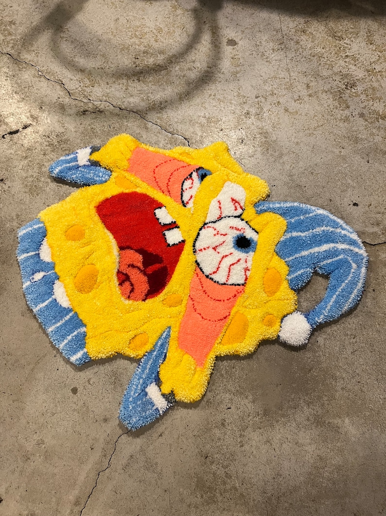 Sleepy Cartoon Character Funny Bedroom Tufted Rug, Cute Yellow Fluffy ...