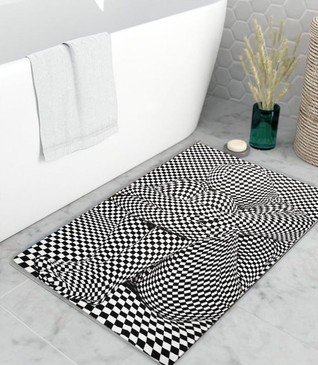 Black and White Checkered Body Non-slip Bath Mat, Optical Illusion ...
