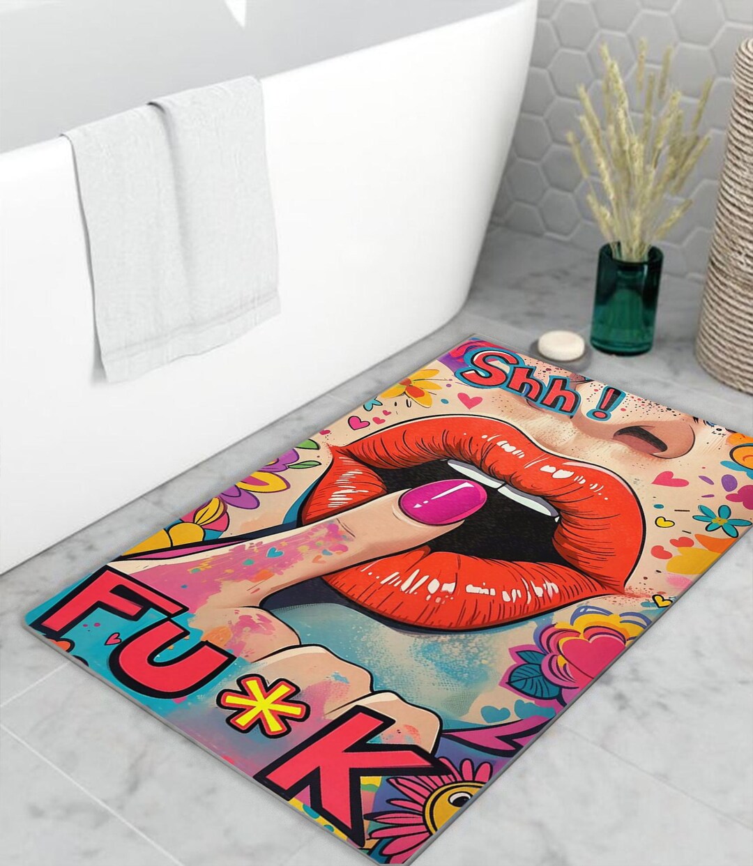 Pop Art Lips Rug – Colorful Bold Shhh Design | Funky Bathroom Mat ...