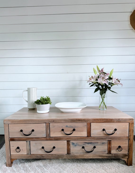 SOLD DO NOT Buycoffee Table Large Solid Wood Heavy Refinished Pottery Barn Apothecary Coffee Table With Drawers storage Farmhouse Style Etsy