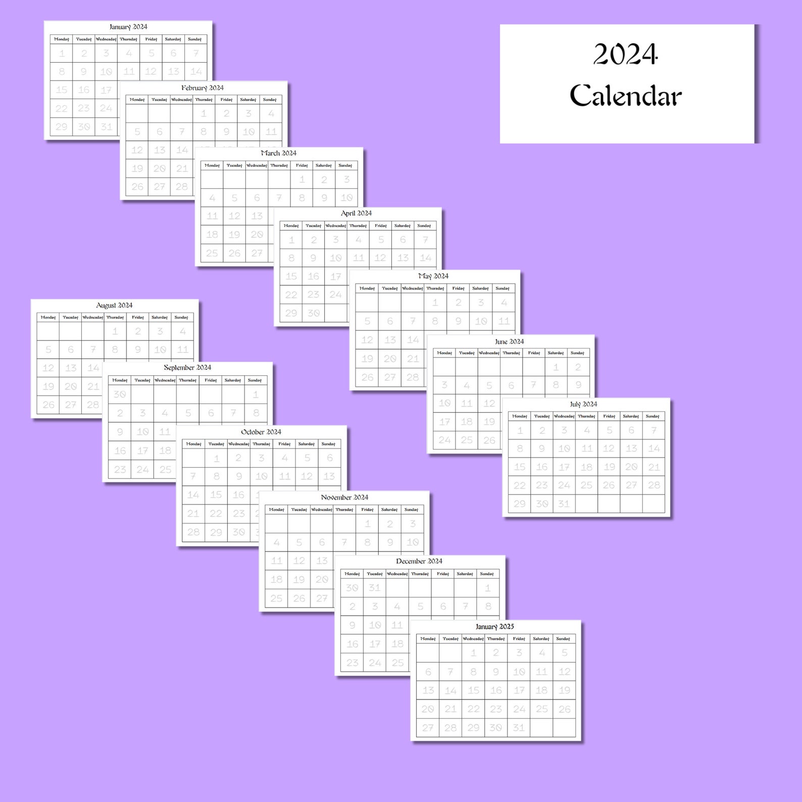 2024 Plain Digital Calendar. Downloadable and Printable. Landscape ...