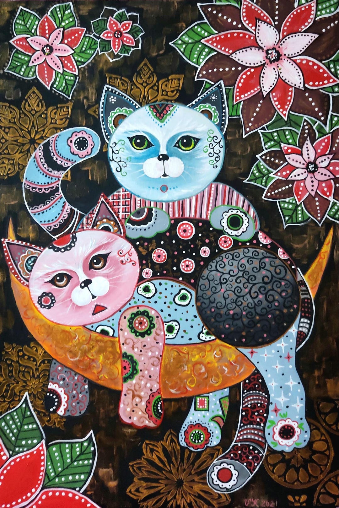 Original Painting Two Cats Moon Stars, 50 X 70 Cm 20 X 28 In, Flowers ...