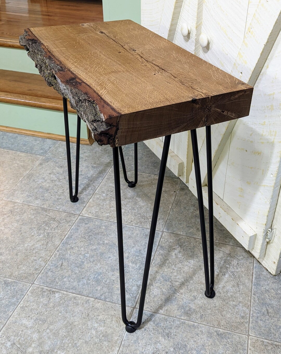 Live Edge Oak Slab End Table Bark on With Black Metal Hairpin Legs - Etsy