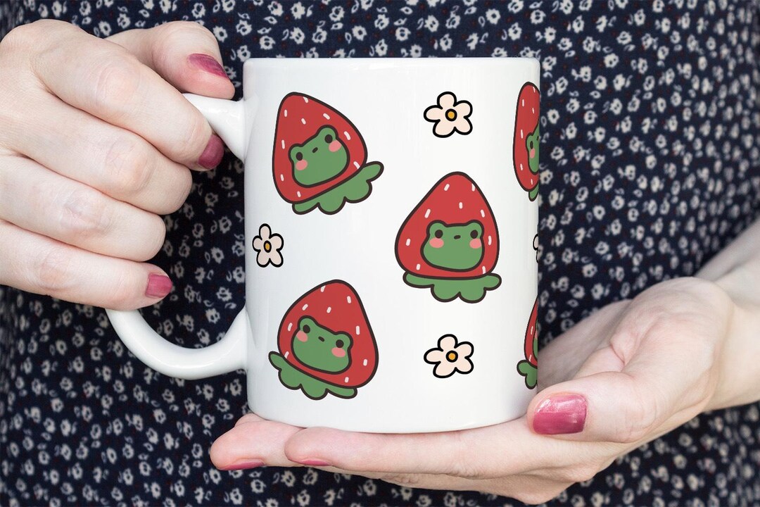 Kawaii Strawberry Frog Mug - Cute Froggy and Berries Ceramic Coffee Cup ...