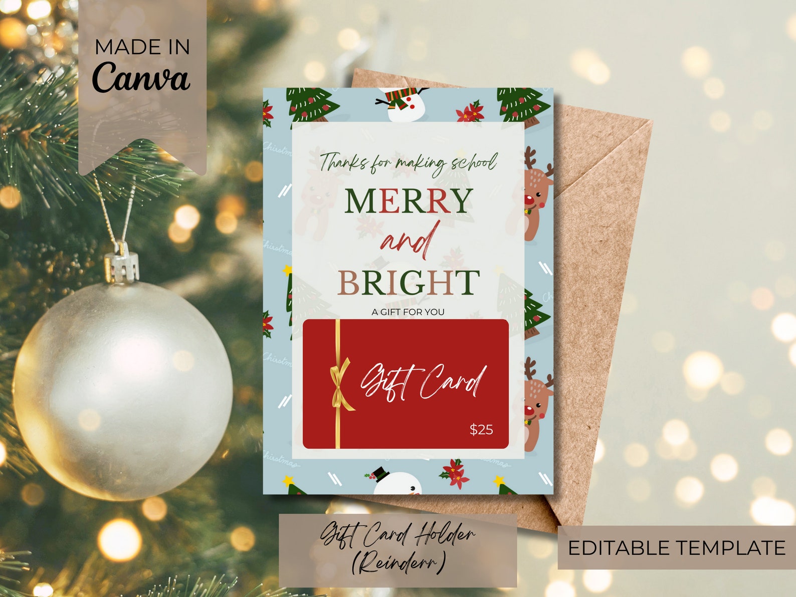 Christmas Gift Card Holder Template for Teacher | Instant Download ...