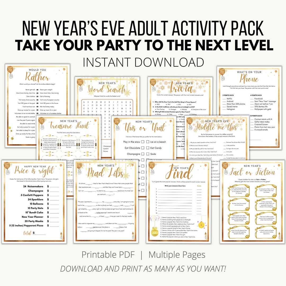 New Year's Eve Activity Pack for Adults, Adult New Year's Eve Games ...
