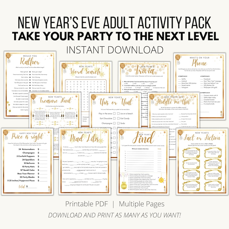 New Year's Eve Activity Pack for Adults, Adult New Year's Eve Games ...