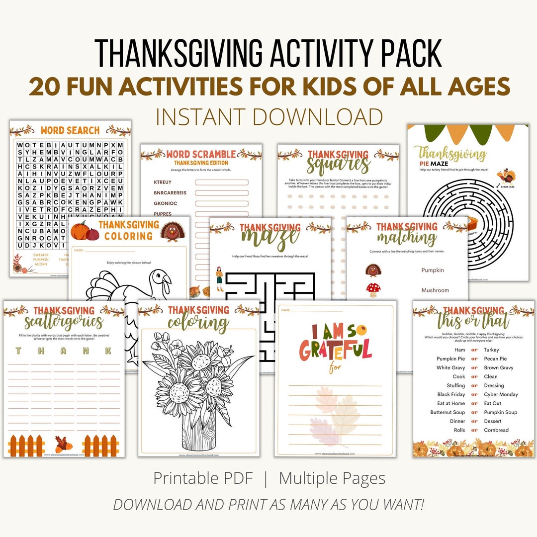 Thanksgiving Printable Activity Pack, Activities for Kids of All Ages ...