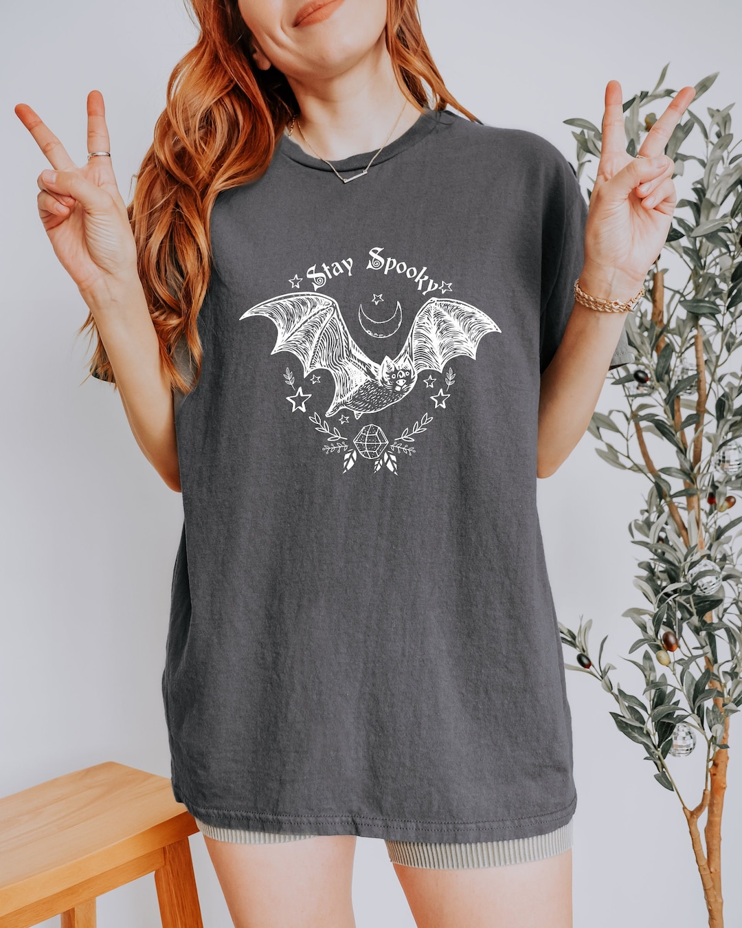 Stay Spooky Vintage Boho Bat Shirt Halloween Graphic Tee Retro Gothic T ...