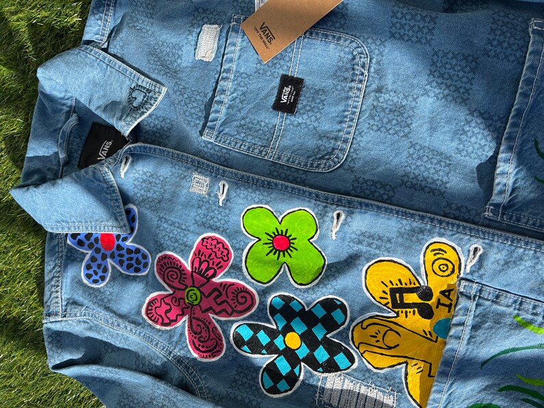 Denim Jacket, Flower Jacket, Keith Haring Inspired, Chess Jacket ...