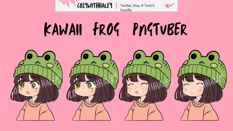 Kawaii Frog Beanie Pngtuber Green Eyes Brown Hair Discord Reactive Image Ready to Use and ...