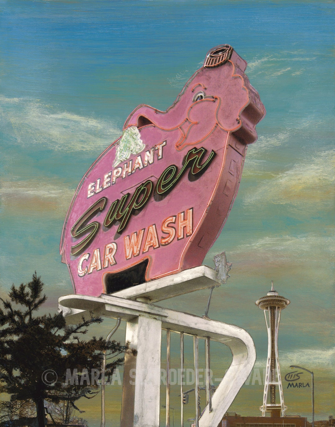 Fine Art Print Giclee of Original Artwork of the Pink Elephant Car Wash ...