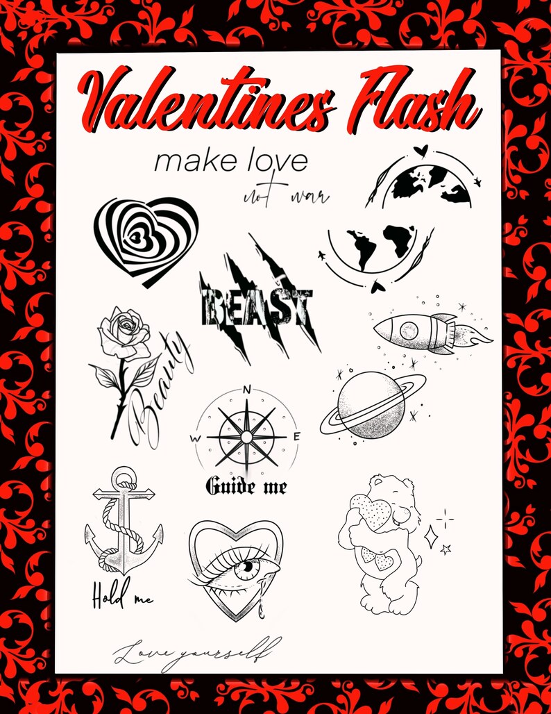 Valentine’s Day Tattoo Printable FLASH SHEETS - Etsy