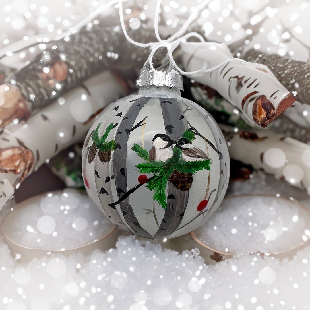 Hand-painted Glass Ball Ornament- Chickadee's - Etsy