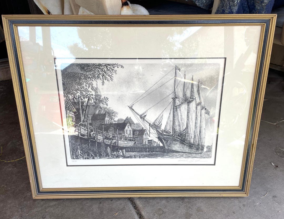 Ship Etching by Alan Jay Gaines Nautical Framed 1976 Tall Ship Signed ...