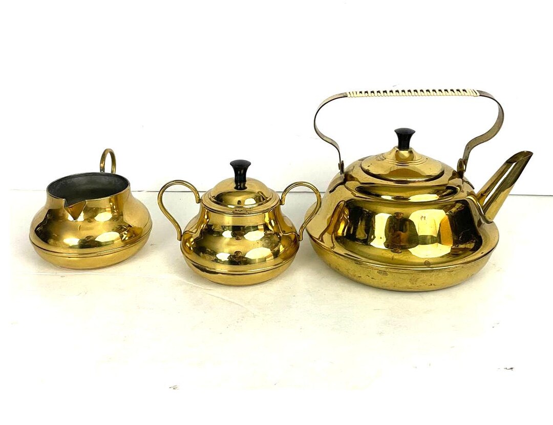 3 PC VTG Brass Pitcher Double Handles Lidded Spout Made in Holland MCM ...