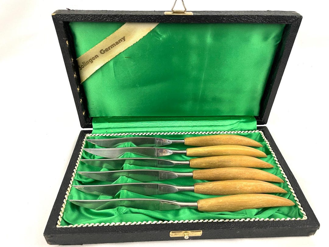VTG Set of 6 Peaso Solingen Stainless Steel Steak Knives Wooden Handles ...