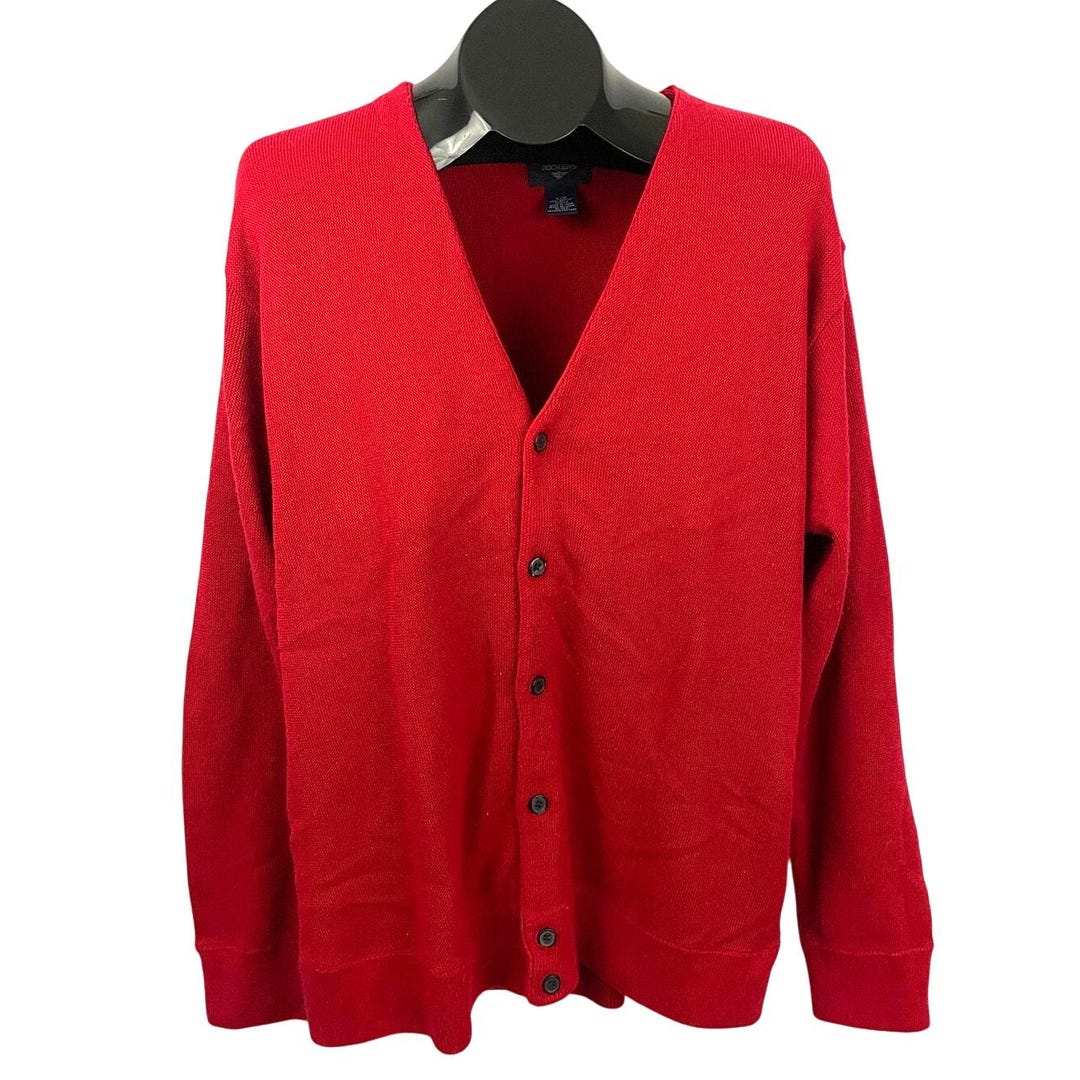 VTG Dockers Cardigan Mens LARGE Red Grunge Indie Casual Knitted Sweater ...