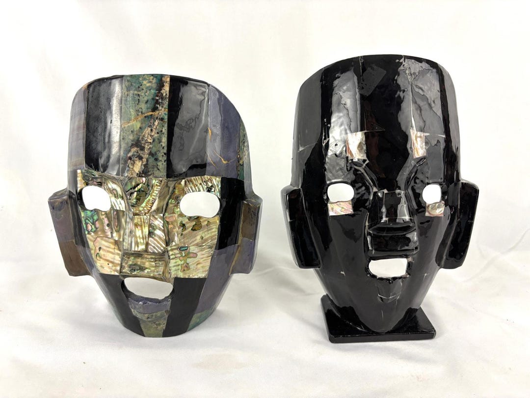 Vintage Pair Mexican Shell + Stone Mosaic Mask Folk Art Aztec Style ...