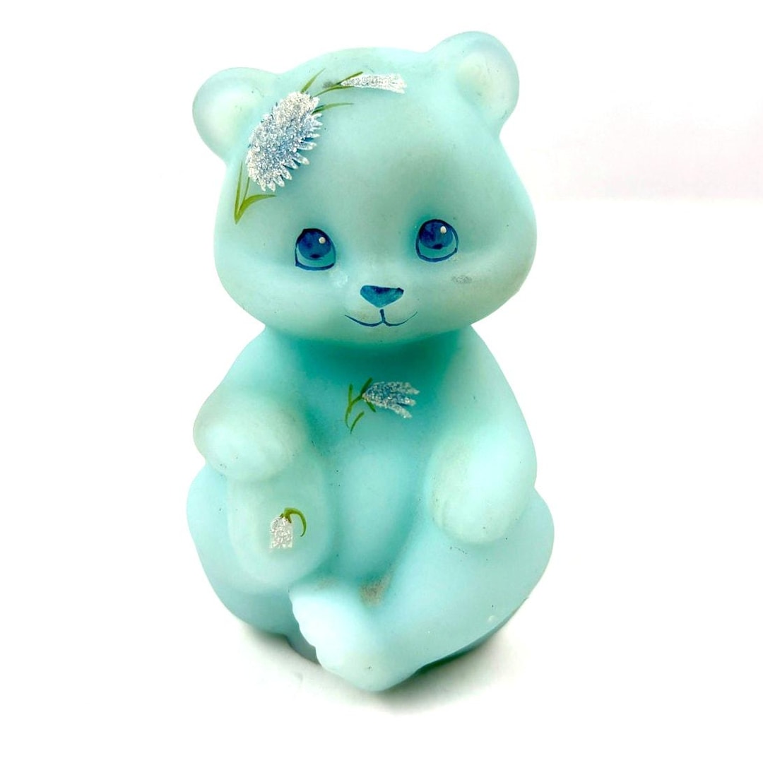Vintage Fenton Art Glass Bear Blue Custard Satin Figurine Hand Painted ...