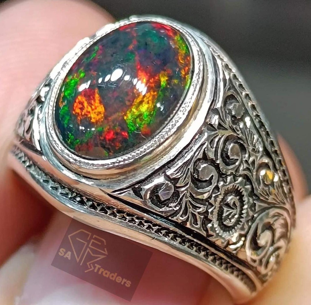 Mens Black Fire Opal Ring: Handmade 925 Sterling Silver Artisan Ring - Etsy