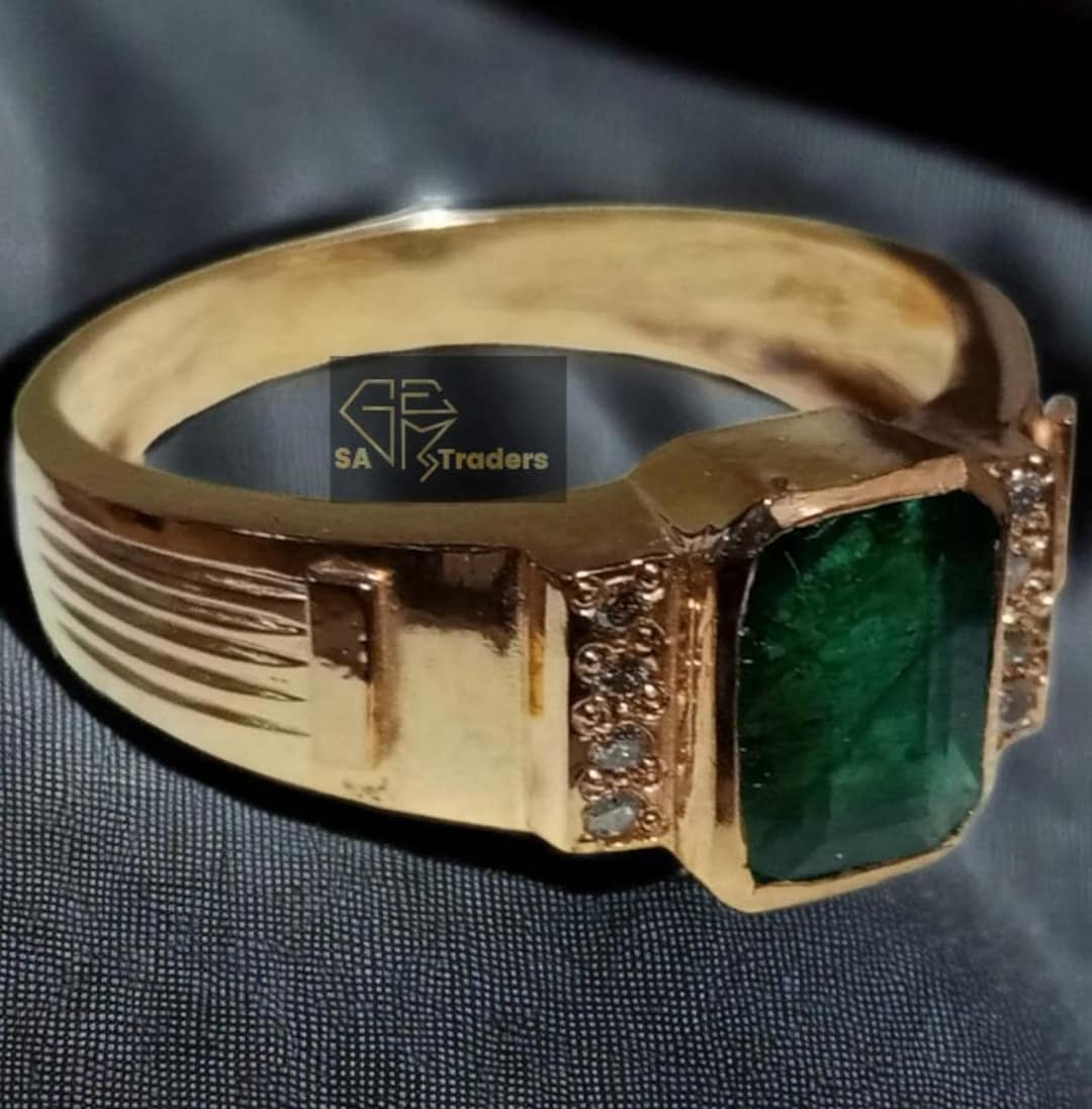 Original Emerald Gold Ring for Men 14k Gold Emerald Handmade Mens Band ...