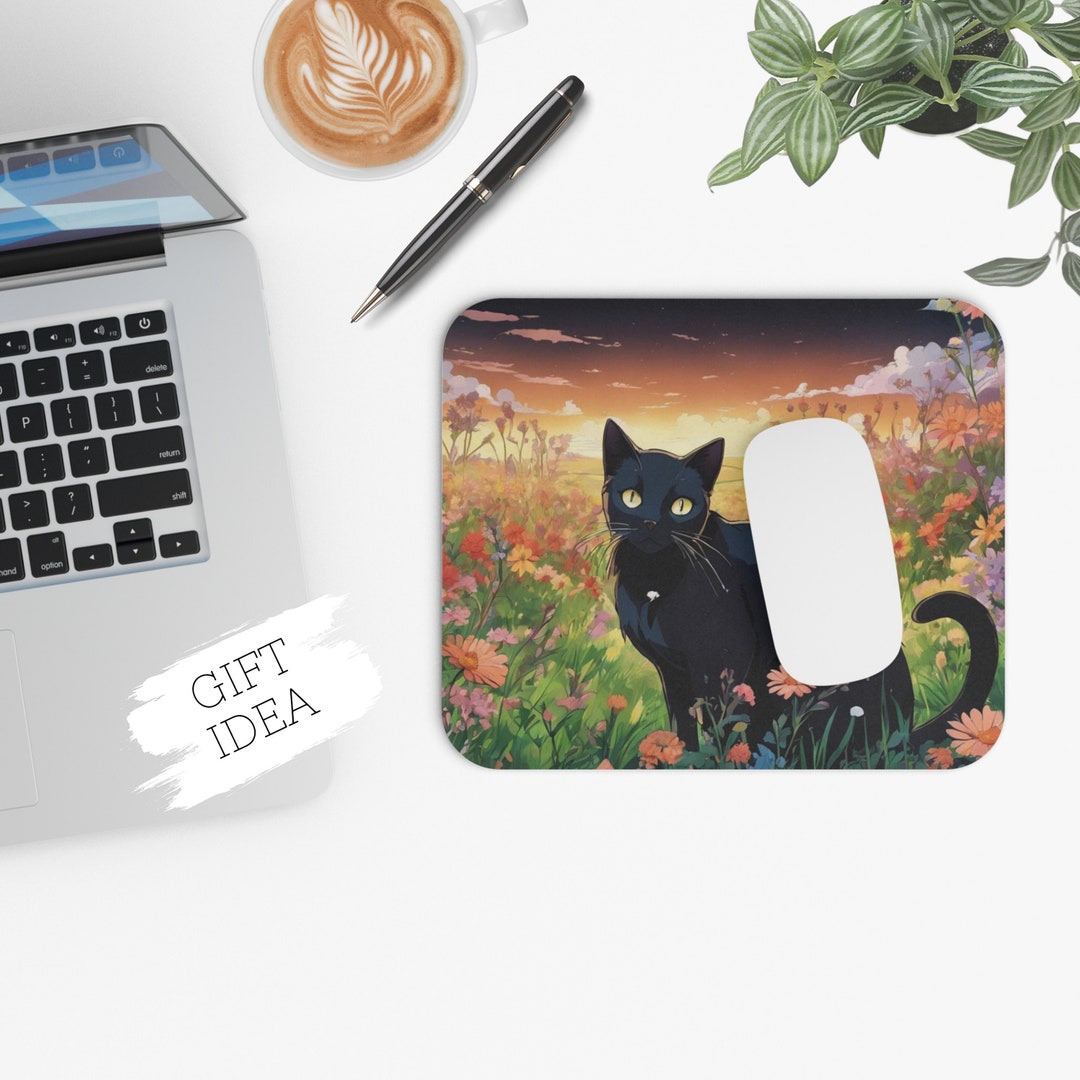 Cute Cat Mouse Pad, Anime Black Cat Mouse Pad, Japanese Aesthetic ...